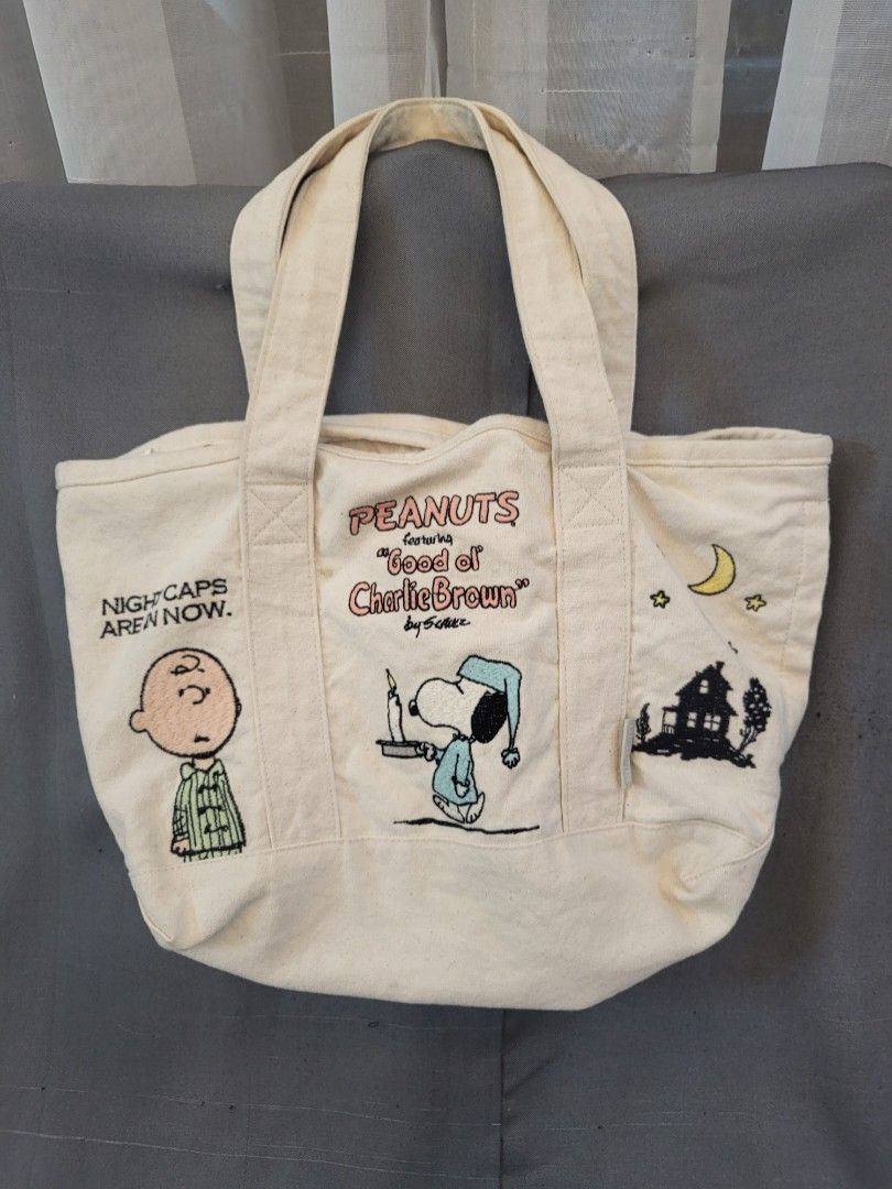 Peanuts × Rootote Japan Snoopy "Good ol Charlie Brown" Canvas Tote Bag, Women's Fashion, Bags ...
