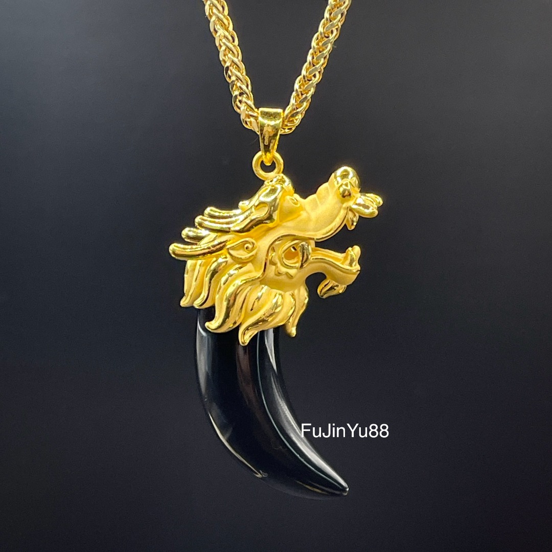 24K Real Gold Dragon and Onyx Pendant, Women's Fashion, Jewelry ...