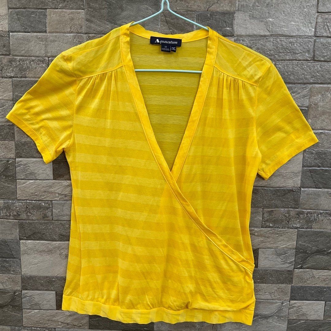 Aquascutum wrap blouse yellow office top stretchy officewear Made in ...