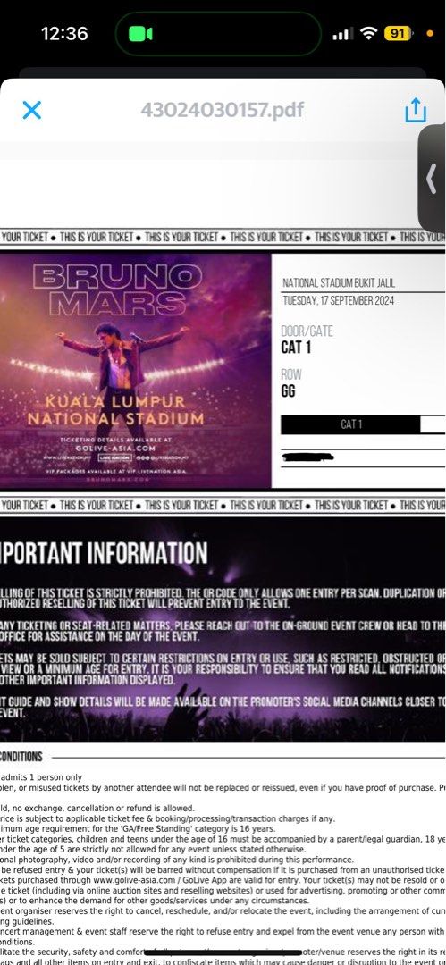 Bruno Mars cat 1 ticket row GG x2, Tickets & Vouchers, Event Tickets on ...