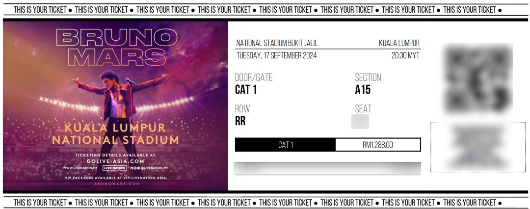 Bruno Mars Concert Ticket Cat 1 Row RR - RM288 below Cost, Tickets ...