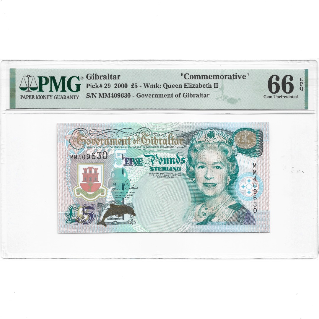 Gibraltar Gov 66EPQ £5 QEII Millenium 2000 Five Pounds Sterling Commemorative Banknote / PMG66 ...