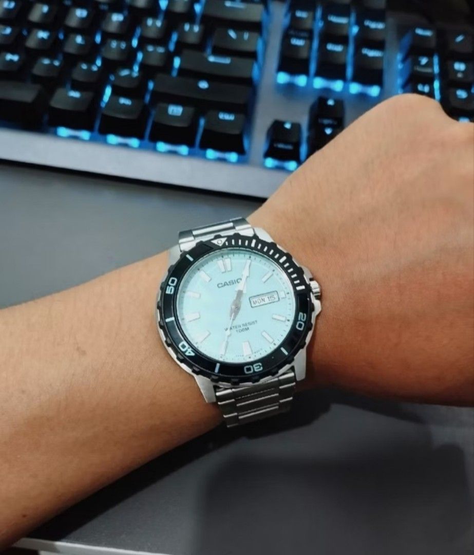 Casio Tiffany Blue dial Silver Stainless steel strap 100m meter date ...