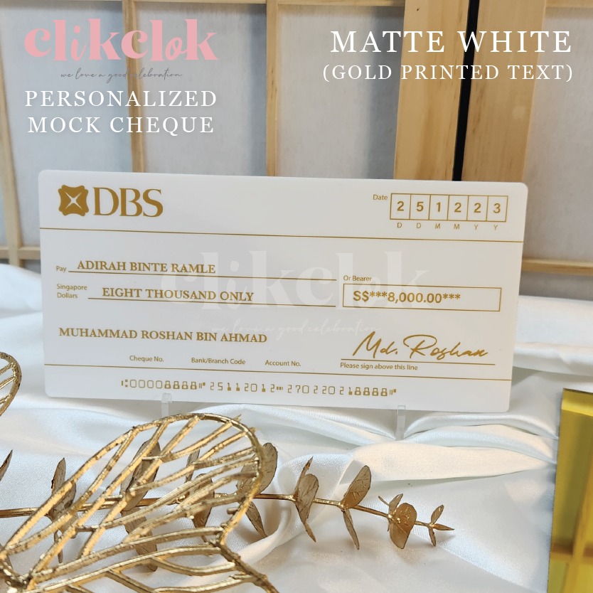 Mock Up Cheque - Matte White Acrylic (Printed Gold text) with Stand ...