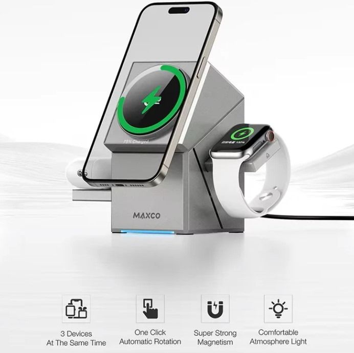 MAXCO Geometry Qi2 三合一磁吸無線充電支架 MW11 (行貨一年保養), 手提電話, 電話及其他裝置配件, 電池及充電器 ...