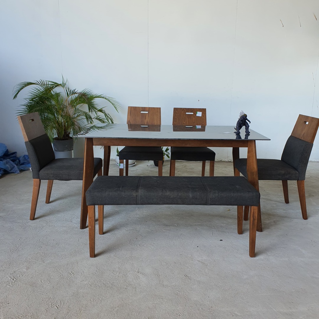 Modern Solid Rubberwood Dining Table Glass Top Set w Fabricated 4 ...