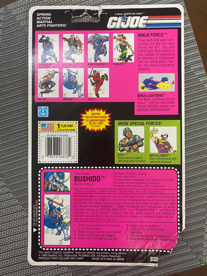 Original Vintage G.I. GI Joe Ninja Force BUSHIDO SNOW NINJA - File Card ...