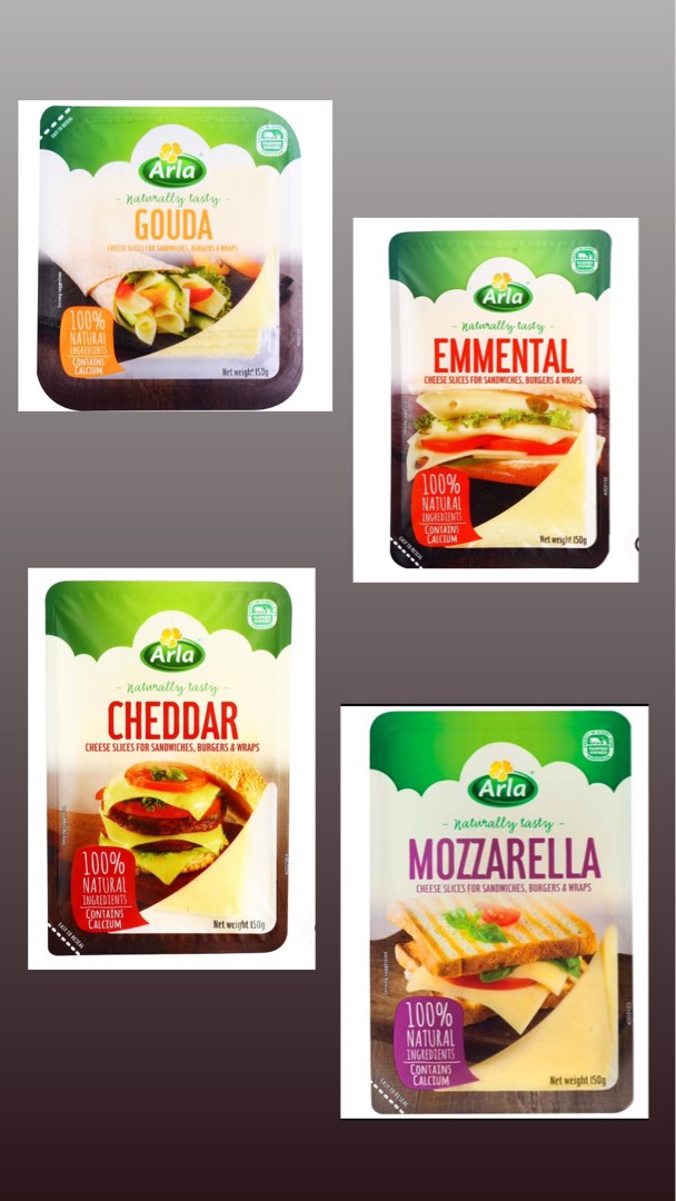 ARLA CHEESE SLICES 150G MOZZARELLA ,GOUDA ,CHEDDAR ,EMMENTAL, Food ...