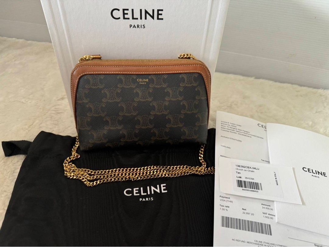 CELINE Clutch Chain Bag 10E38 Triomphe Canvas Tan, Luxury, Bags ...