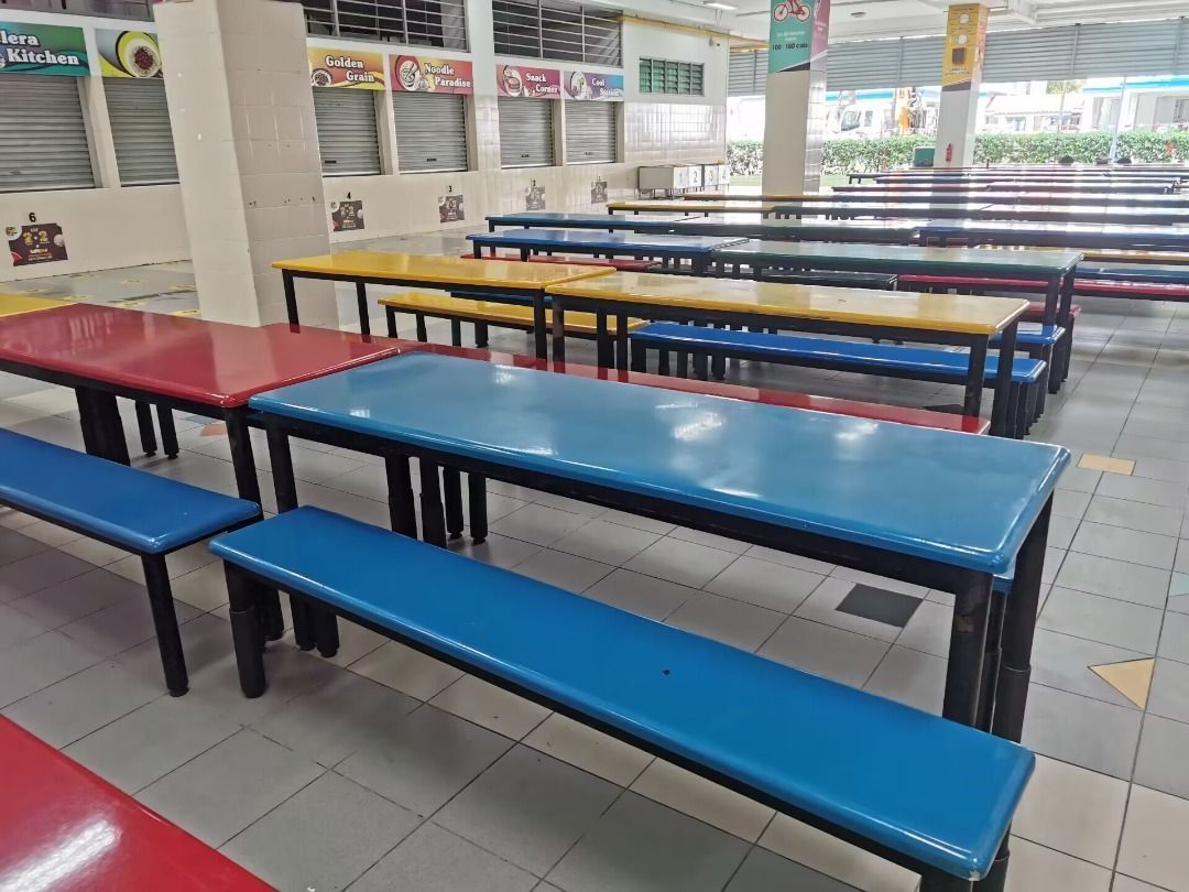 Fiberglass table + bench set, 1 Table + 2 Benches, canteen, coffee shop ...
