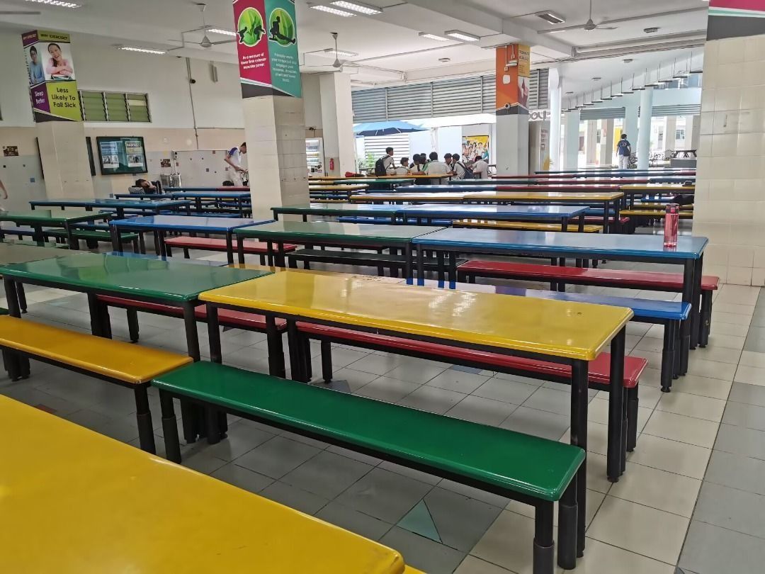 Fiberglass table + bench set, 1 Table + 2 Benches, canteen, coffee shop ...