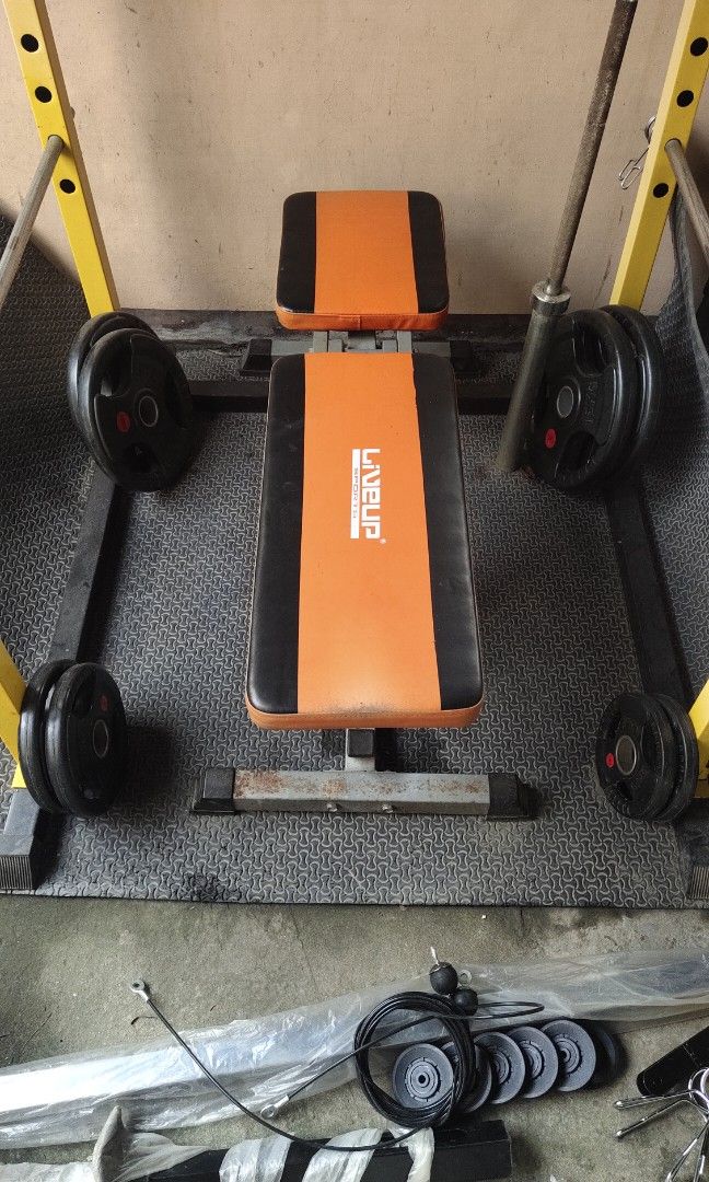 Home Gym Setup - Squat Rack with pulley, Olympic Bar & Plates, Bench ...