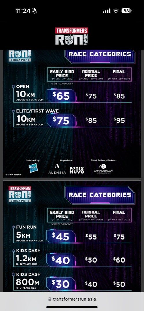 Transformers Run Ticket (any category) on 9 Nov 2024 (Sat), Tickets ...