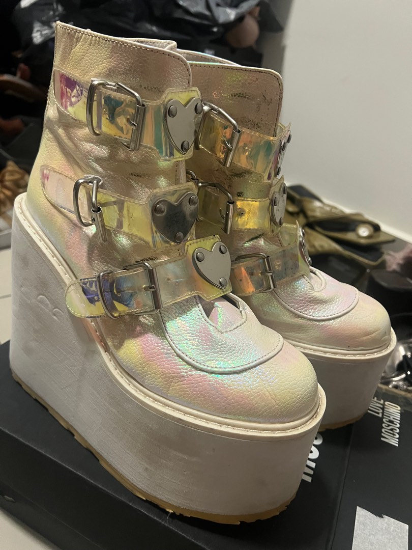 White Pink Demonia Cult Boots Gothic, Women's Fashion, Footwear, Boots ...