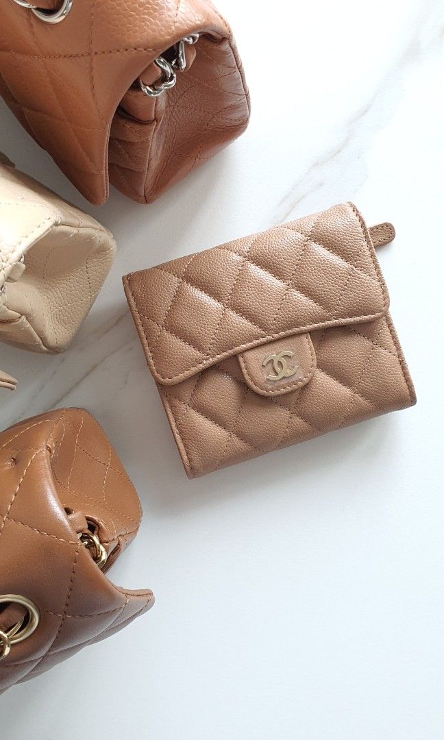 Authentic Classic Trifold Compact Wallet Beige Caviar Gold Hardware ...