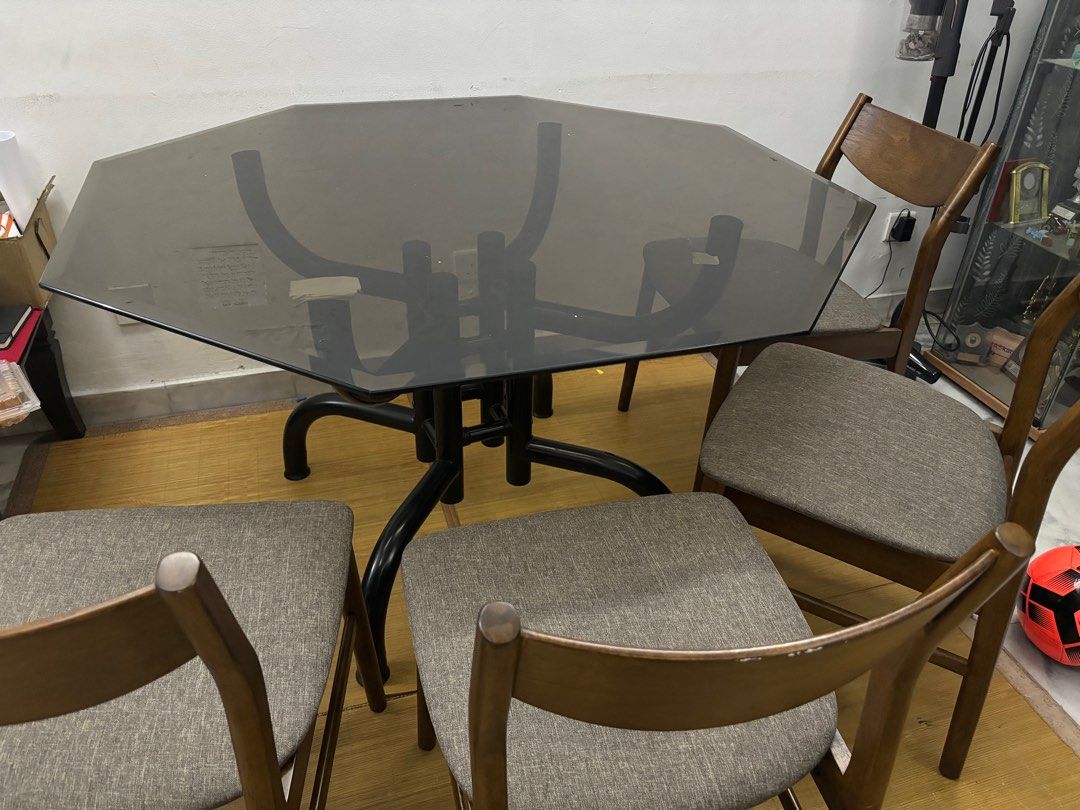 TEMPERED GLASS HEXAGONAL DINING TABLE WITH 4 NOS. OF DINING CHAIRS ...