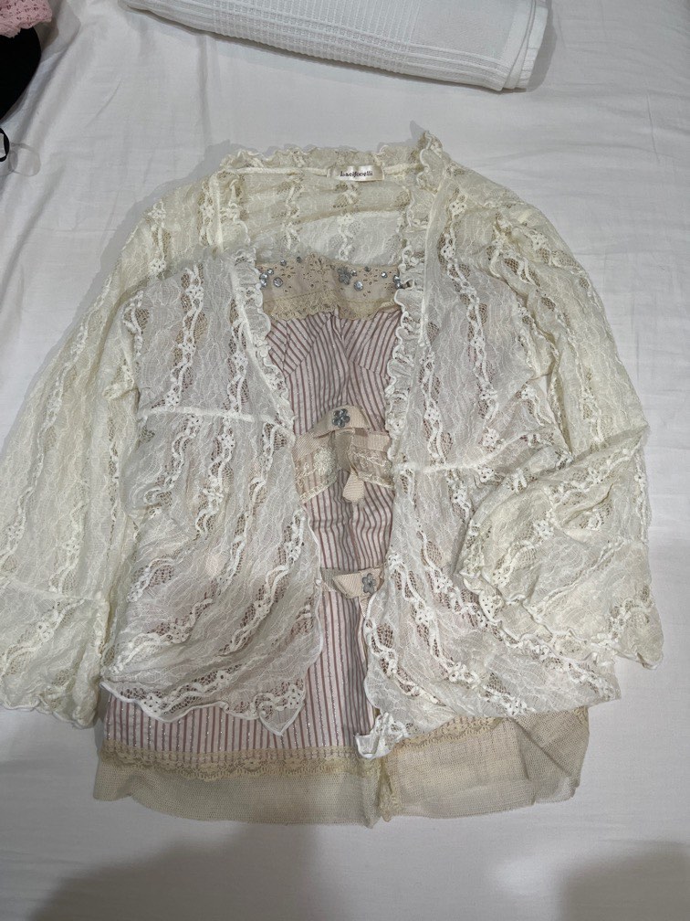 cream y2k knitted cardigan top spaghetti top tank top coquette pink ...