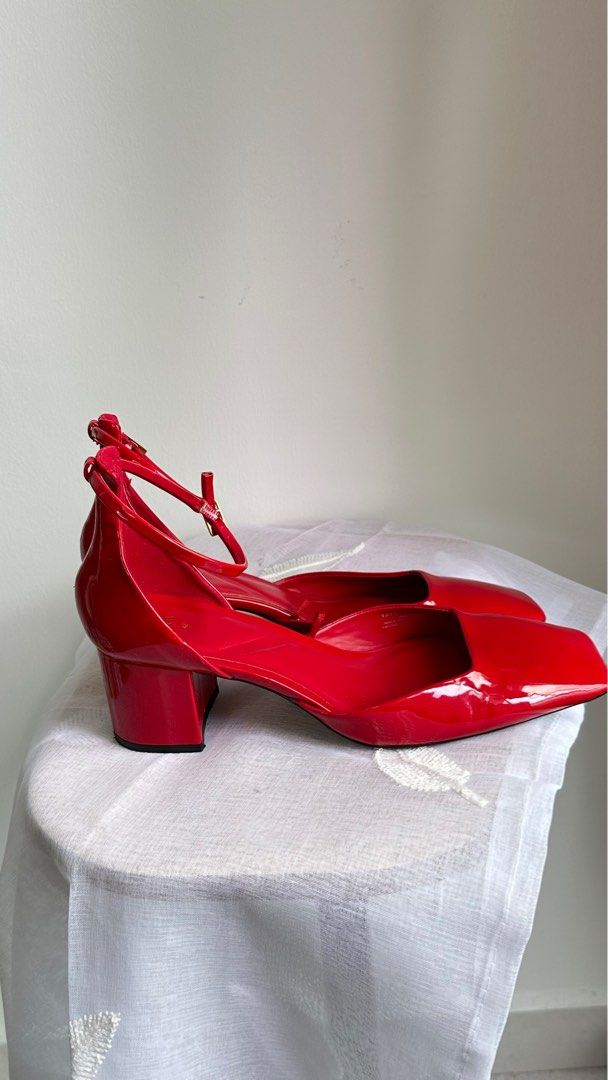 Zara Women Red Faux Patent leather block heel shoe, Women's Fashion ...