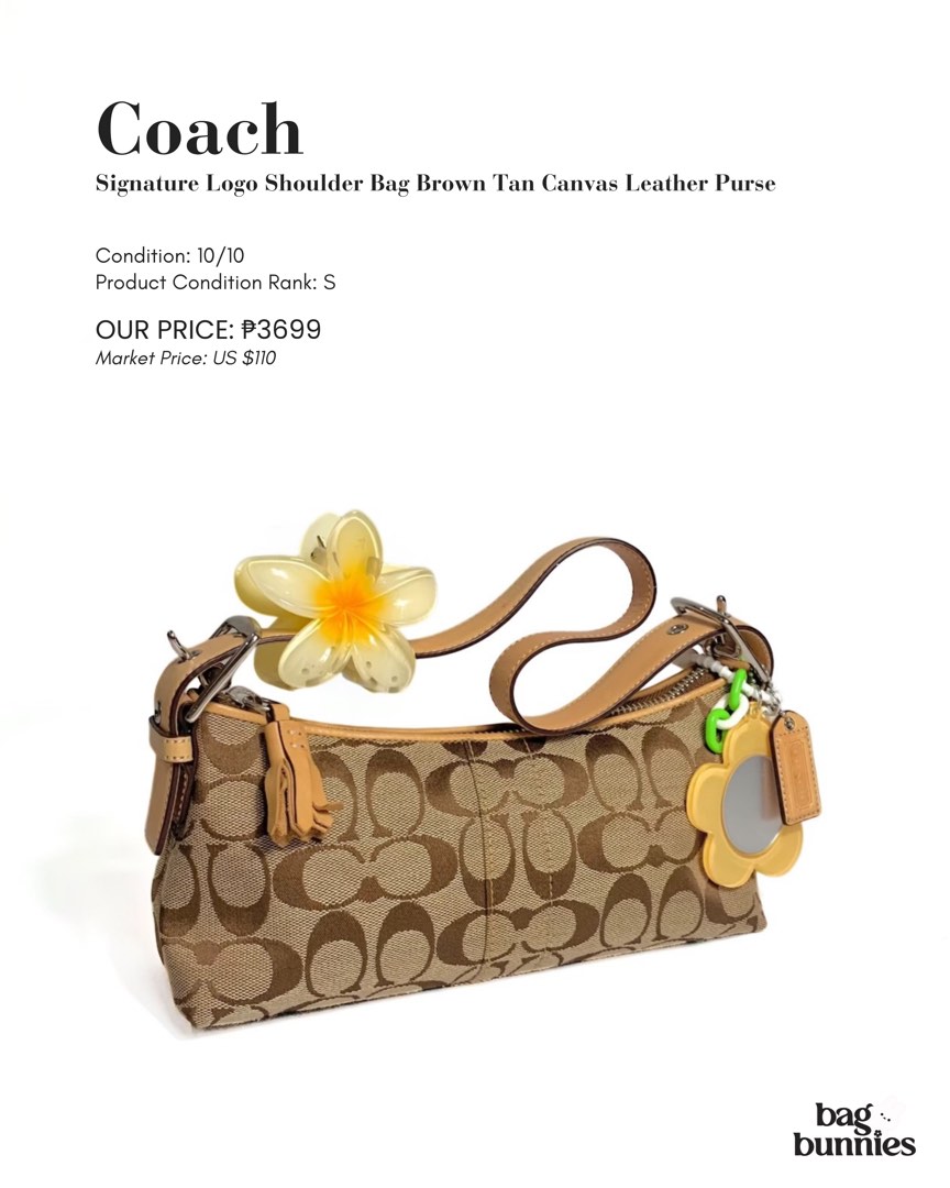 Coach Signature Logo Shoulder Bag Brown Tan Canvas Leather Purse, Women ...