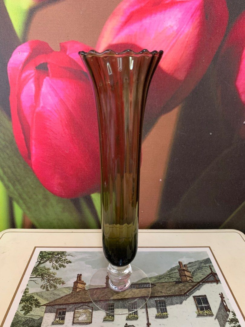 Vintage Mid Century Olive Green Hand blown Glass Swirl Optic Pedestal 8 ...