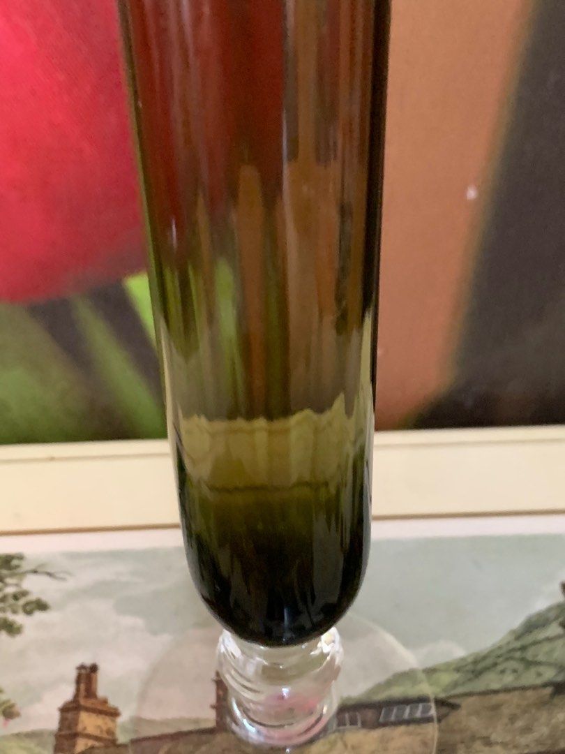 Vintage Mid Century Olive Green Hand blown Glass Swirl Optic Pedestal 8 ...