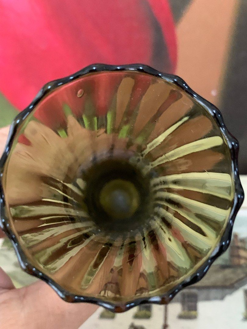 Vintage Mid Century Olive Green Hand blown Glass Swirl Optic Pedestal 8 ...