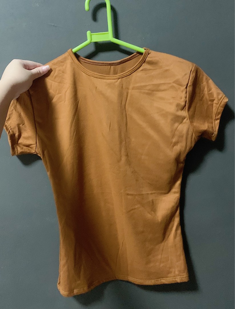 Brown/Tan Body-Hugging Double-Lined Shirt, Women's Fashion, Tops ...