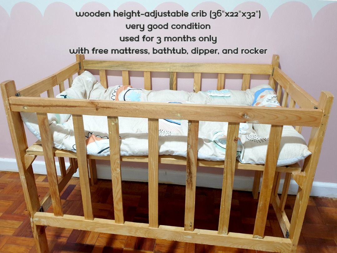 Wooden baby crib (with free mattress, bathtub, dipper, and rocker ...