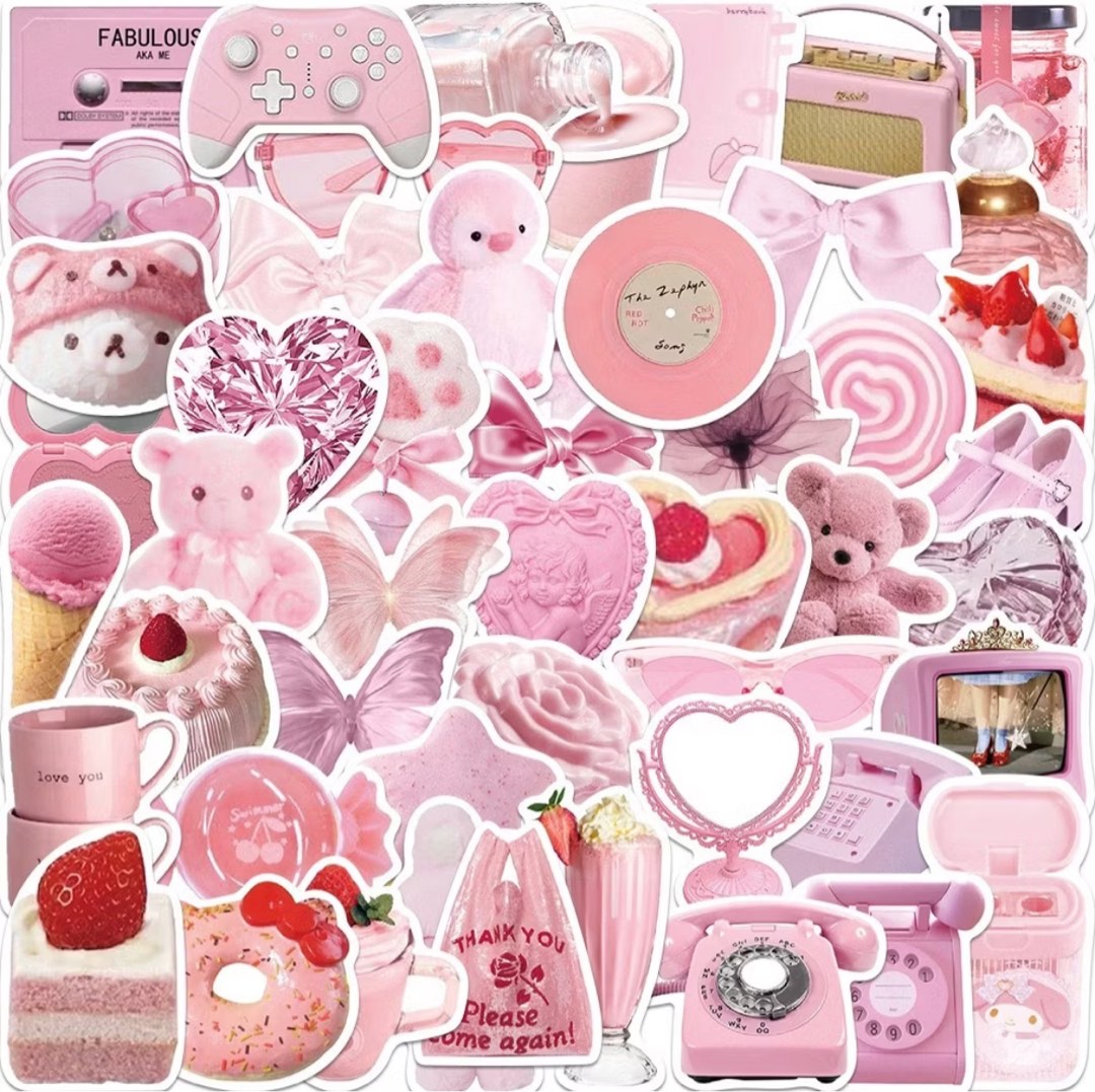 50 pcs pink theme sticker pack / aesthetic stickers, Hobbies & Toys ...