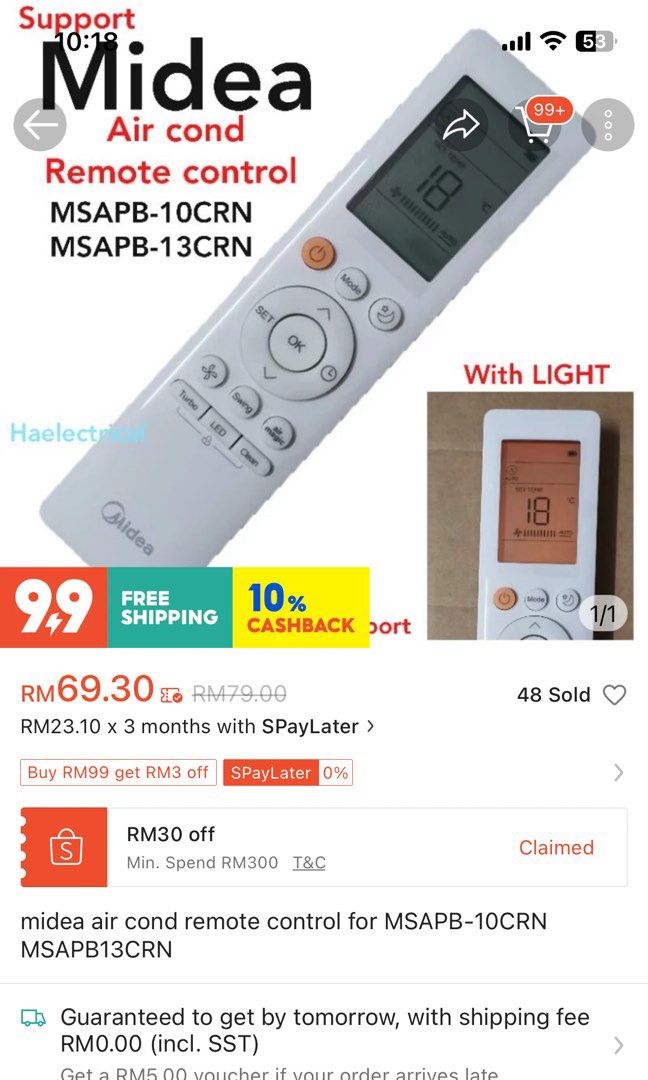 [ORIGINAL] MIDEA AIRCOND REMOTE CONTROL , TV & Home Appliances, Air ...