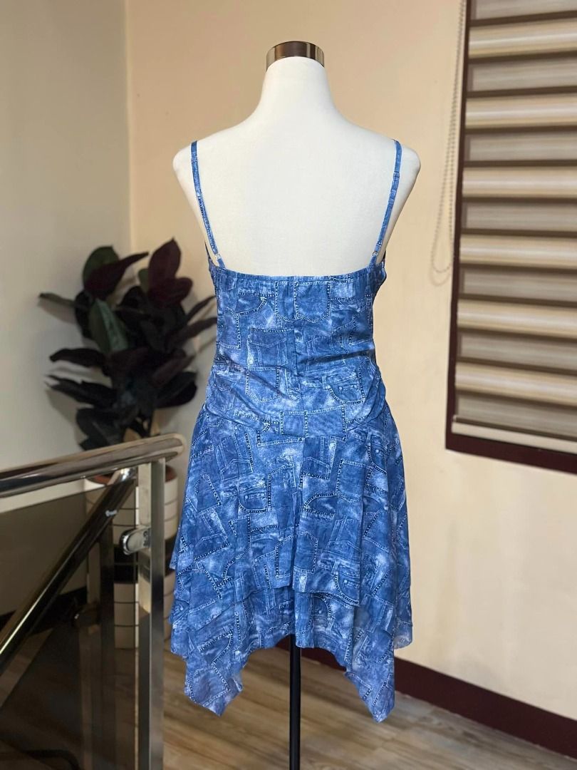 Dazy Blue Denim Print Spaghetti Layered Flowy Fairy Hem Dress Bini ...