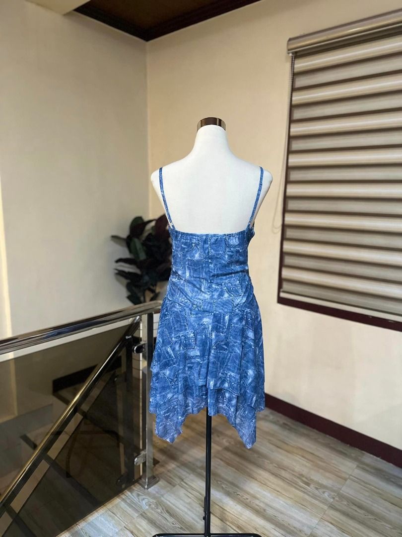 Dazy Blue Denim Print Spaghetti Layered Flowy Fairy Hem Dress Bini ...