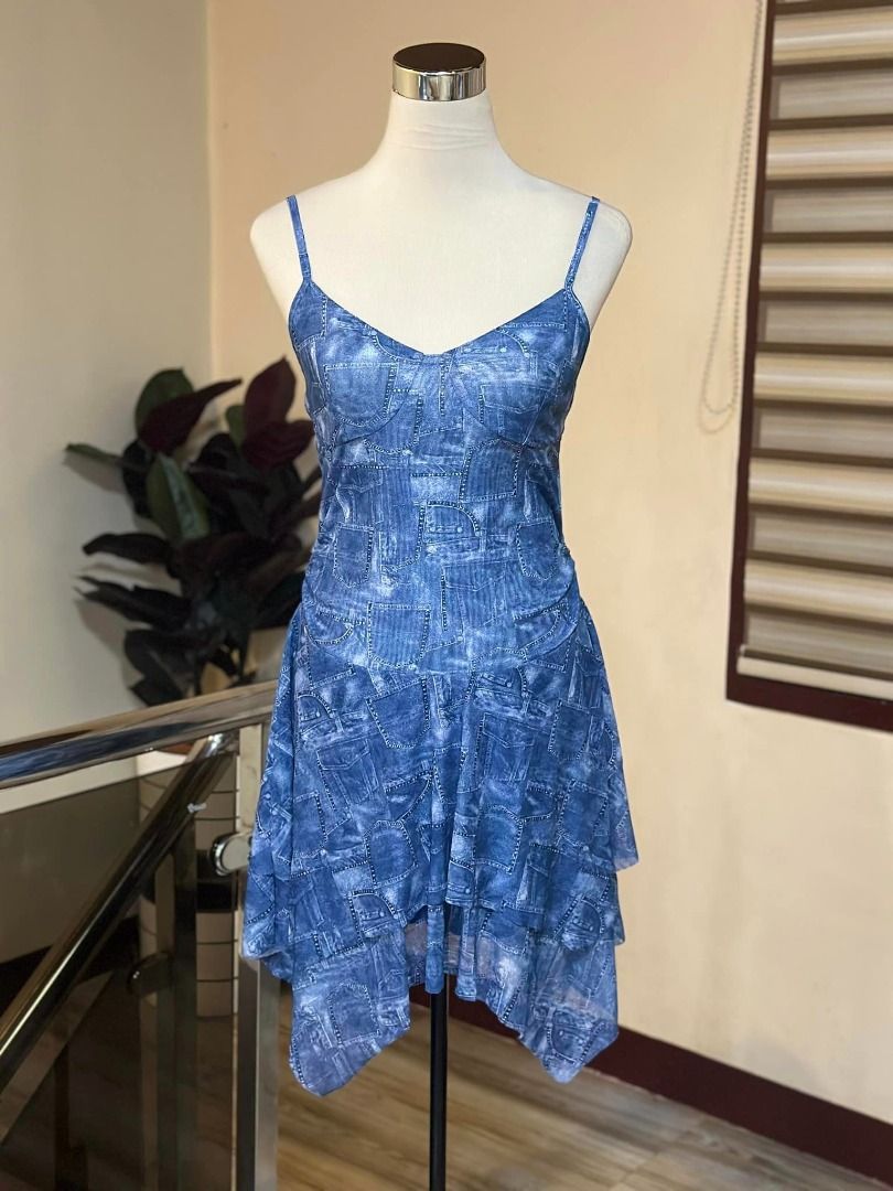 Dazy Blue Denim Print Spaghetti Layered Flowy Fairy Hem Dress Bini ...