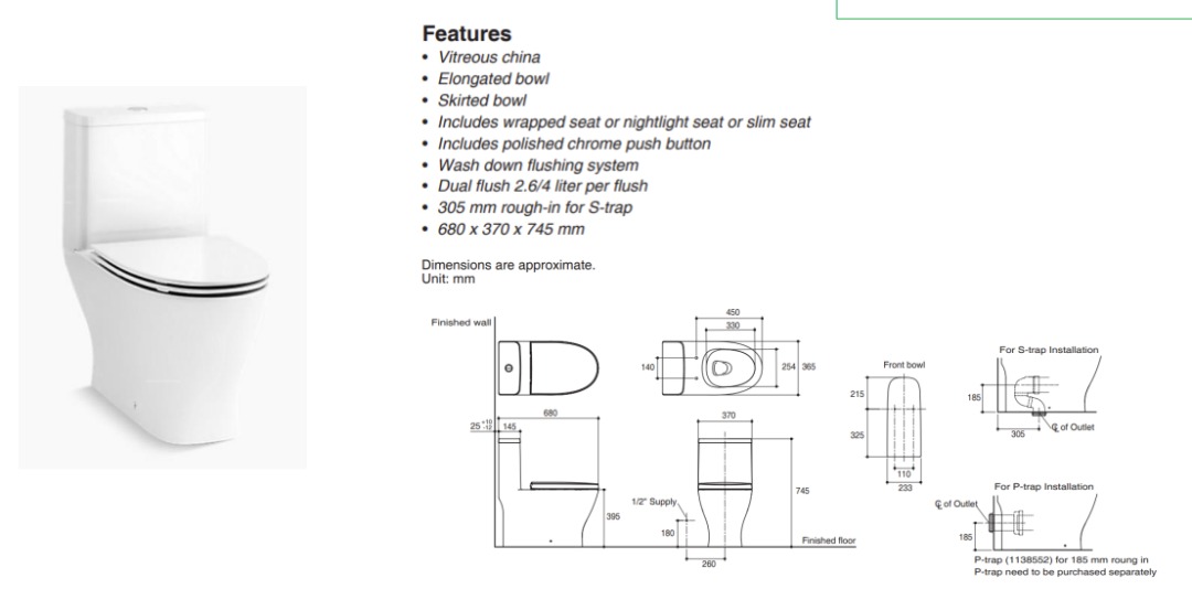 Kohler Water Closet - 28628K-0 Reach Up One-Piece Elongated Toilet ...