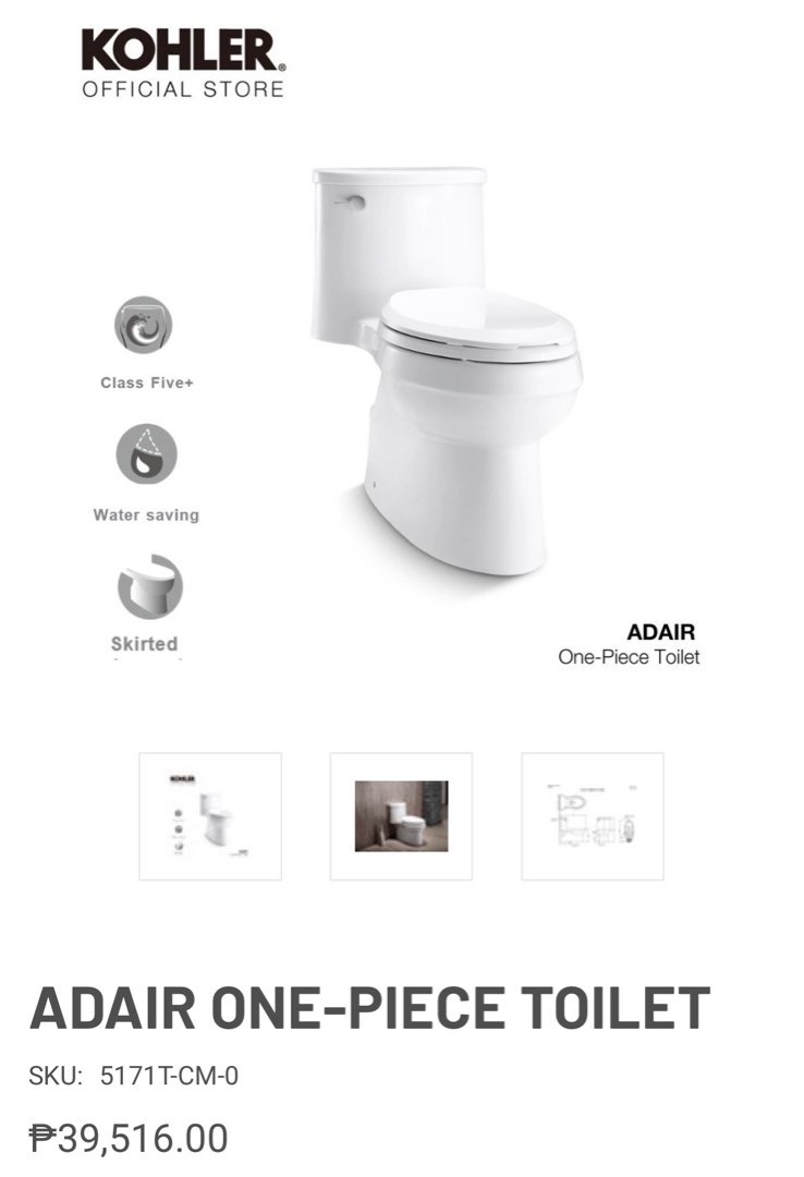 Kohler Water Closet - 5171K-CM-0 Adair One-Piece Elongated Toilet ...