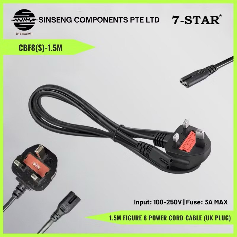 *Safety Mark* C7 UK Plug 3A Fig 8 Figure 8 Replacement Power Cord 1.5M ...