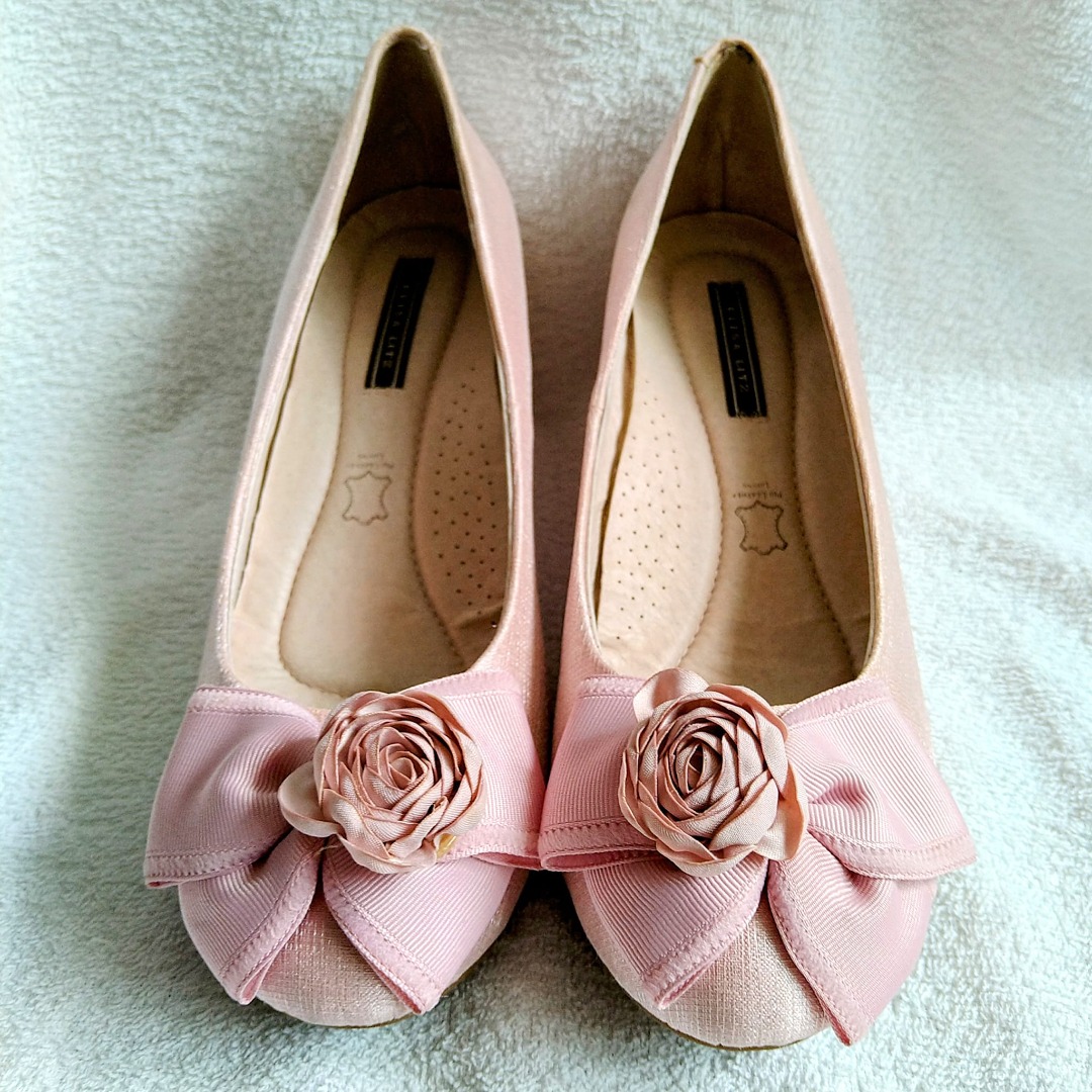 Elisa Litz Dusty Rose Pink 5cm Wedge Heels with Pink Roses Ribbon Bow ...