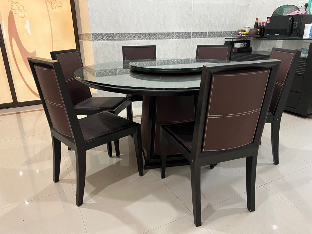 Lorenzo dining round table with 6 chairs (dark brown wooden glass top ...