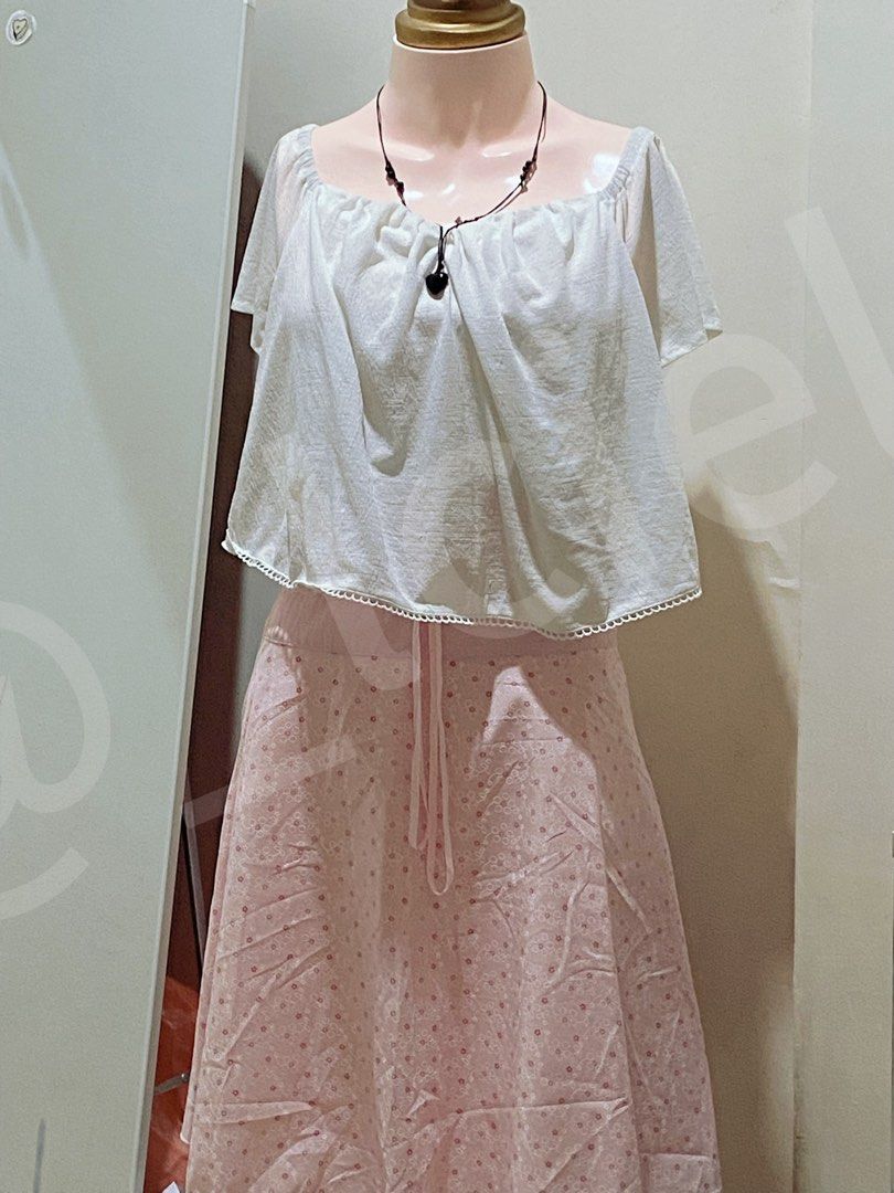 SET TOP&SKIRT pink floral skirt coquette danty ribbon lace baby pink ...