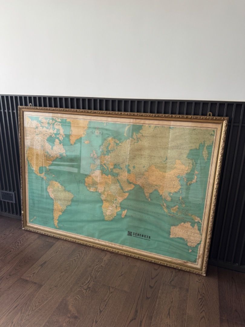 60s Antique Vintage Big Size World Map Framed Printed in Switzerland ...
