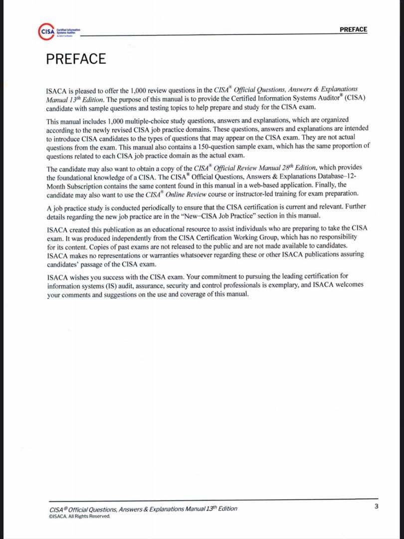 CISA QAE 13th Edition 2024 (New) - Softcopy 1000 Questions , Hobbies ...