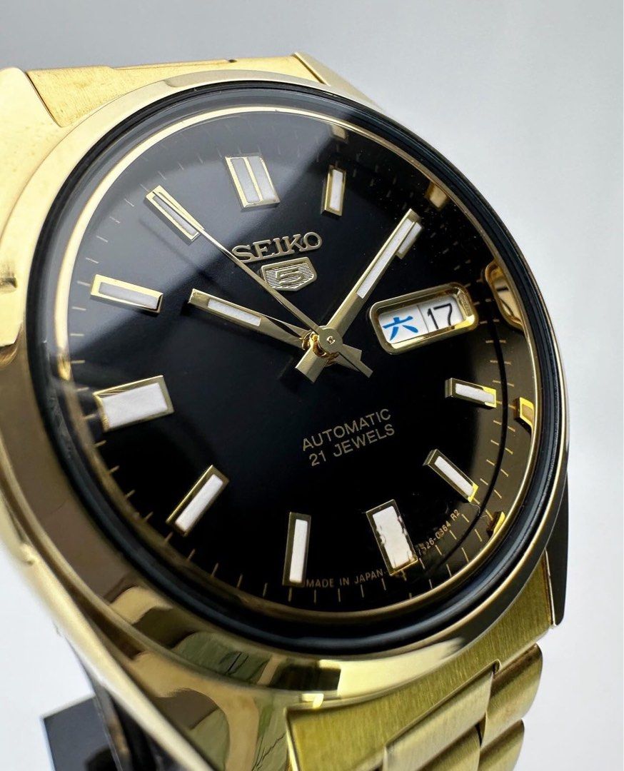 Custom Seiko Mod 37mm Full Gold Black Dial SNX w/ NH36 Day-Date automatic watch, Men's Fashion ...