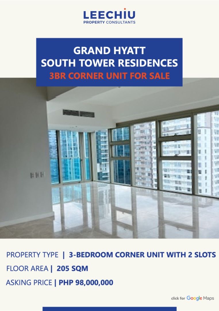 Grand Hyatt South Tower BGC - 3BR (205 Sqm) - Condo for Sale, Property ...