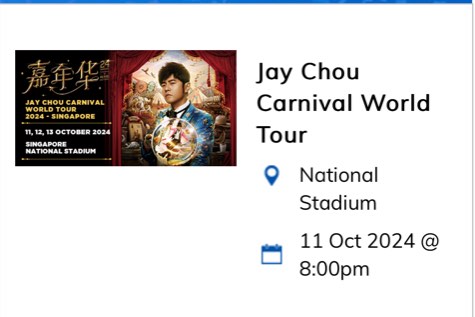 Jay Chou World Tour 2024 Otc 11(Day1) CAT1 PB6x2, Tickets & Vouchers ...