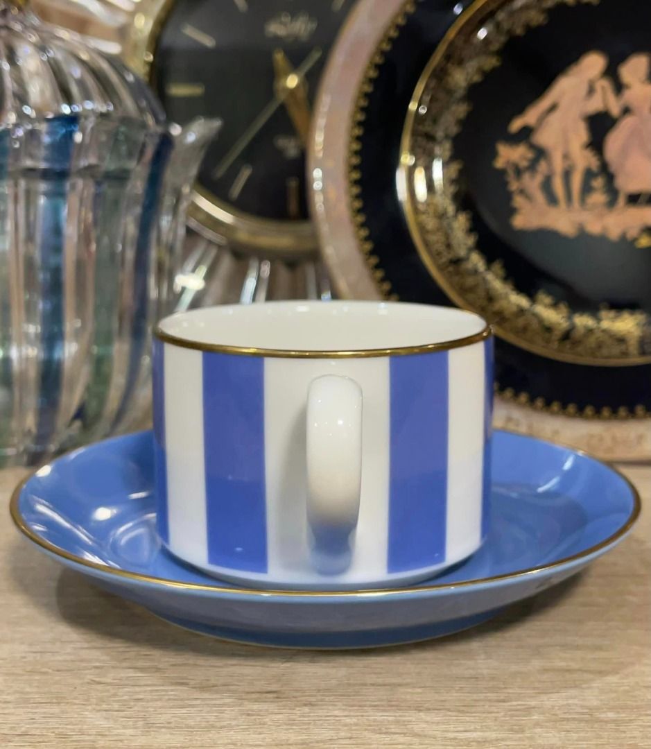 Made in Japan NARUMI Lily La Yuli Retro Blue White Striped Gold Rim ...