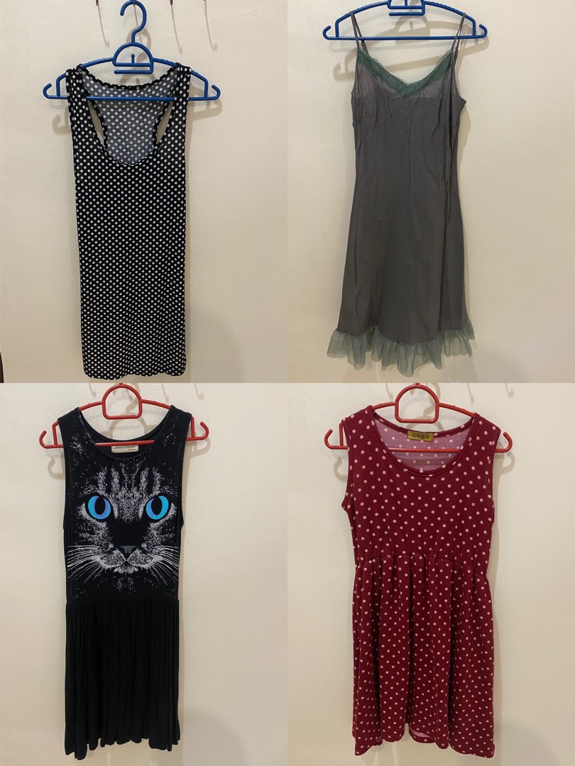 Sleeveless dress / long singlet inner wear dress / Polkadot / Cat ...