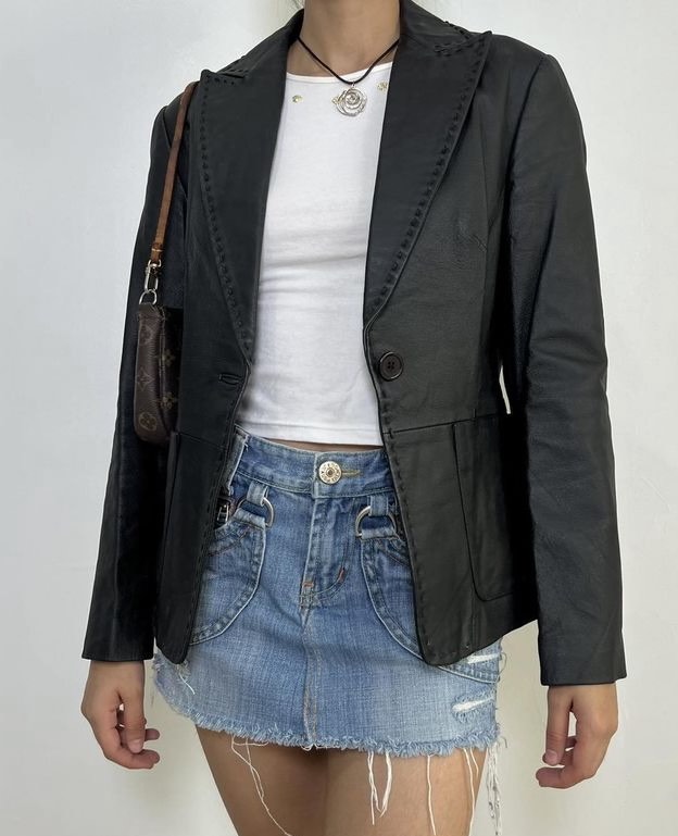 black stitched detailed leather jacket, Women's Fashion, Coats, Jackets ...