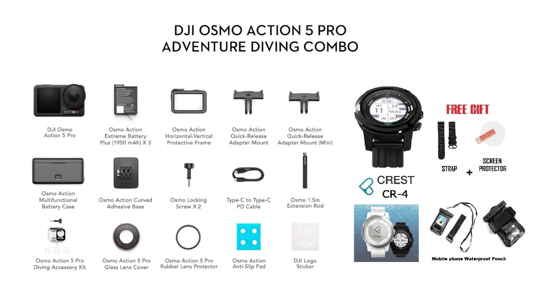 DJI Action 5 Pro Adventure Diving Combo + Crest CR-4 Dive Computer Dive ...