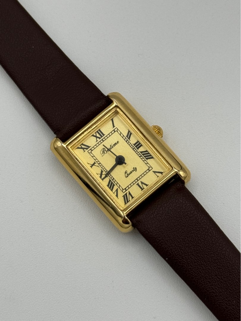 Vintage Bestime Tank Gold Linen Roman Dial, Luxury, Watches on Carousell