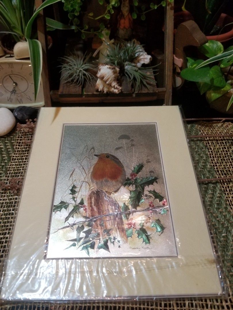 Uk Vintage Audrey North Silver Foil Art Print Bird Card board Stand ...
